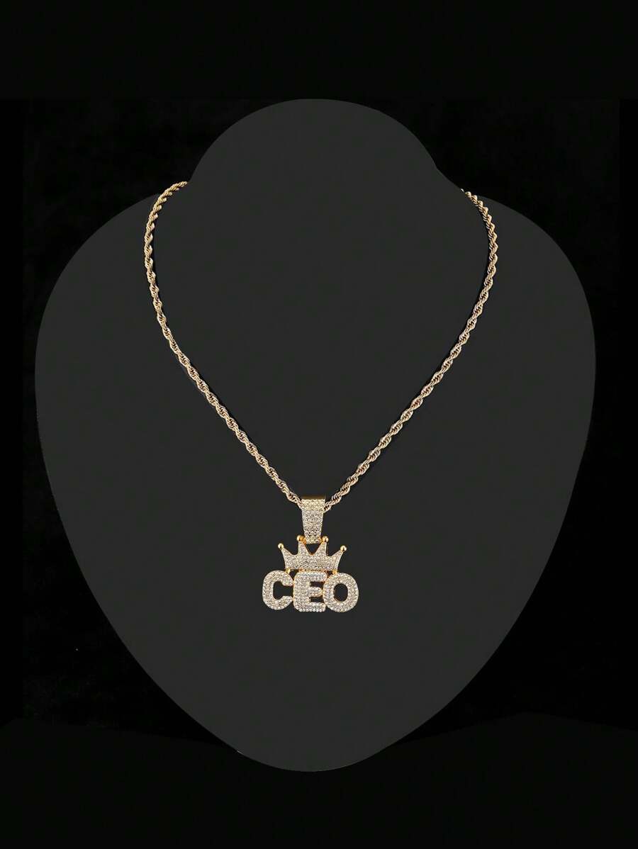 Colar com pingente de CEO de coroa de strass, colar de corrente de ...