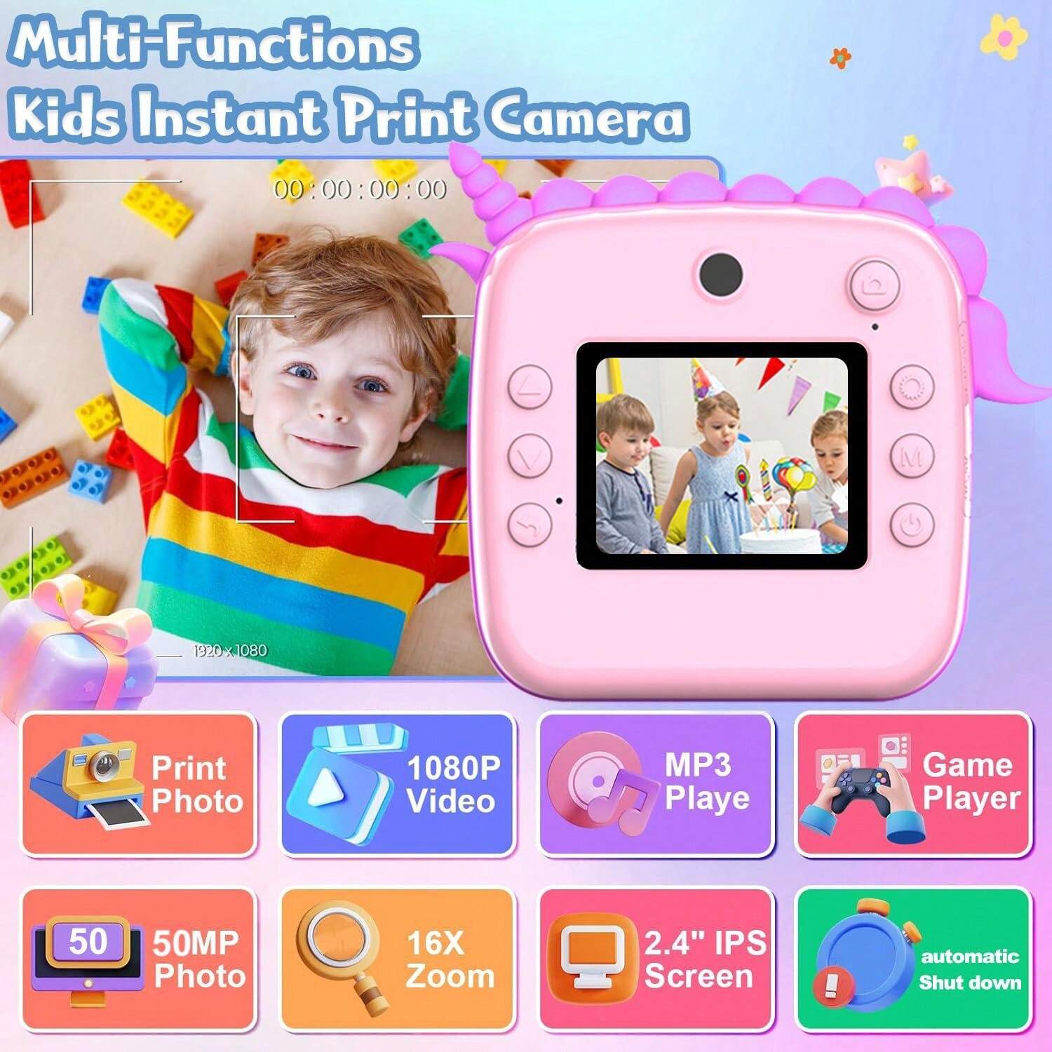 Kids Toy Camera, Toddler Camera Instant Print Toy, Multi-Functional ...