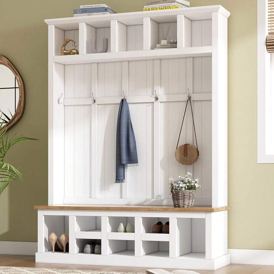 Hall Tree With Storage Bench, Entryway Bench With Drawer And 5 Hooks ...