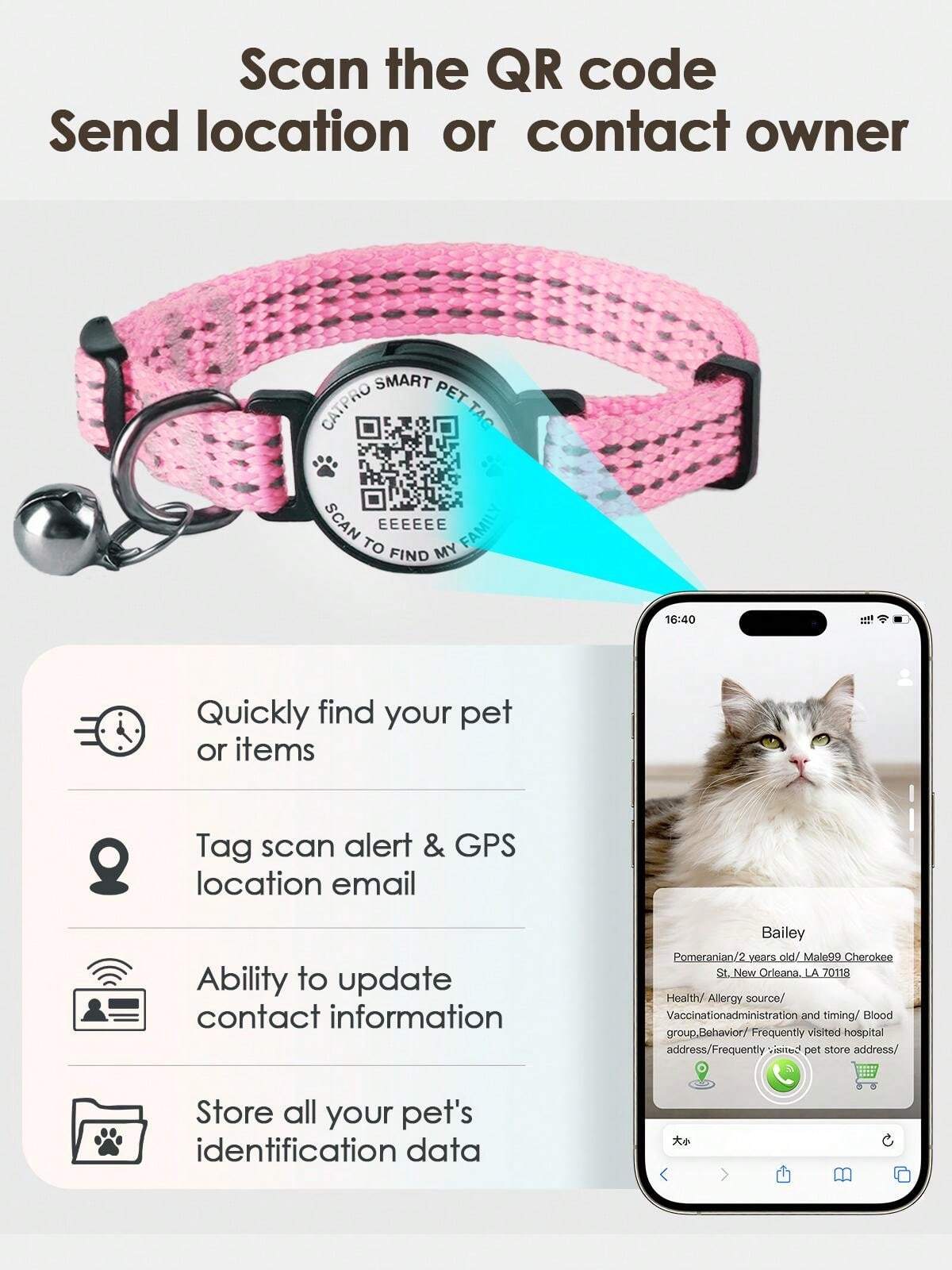 צווארון חתול 1Pc של Catpro עם פונקציית שליפה, קולר חתול עם תג זיהוי חכם ...