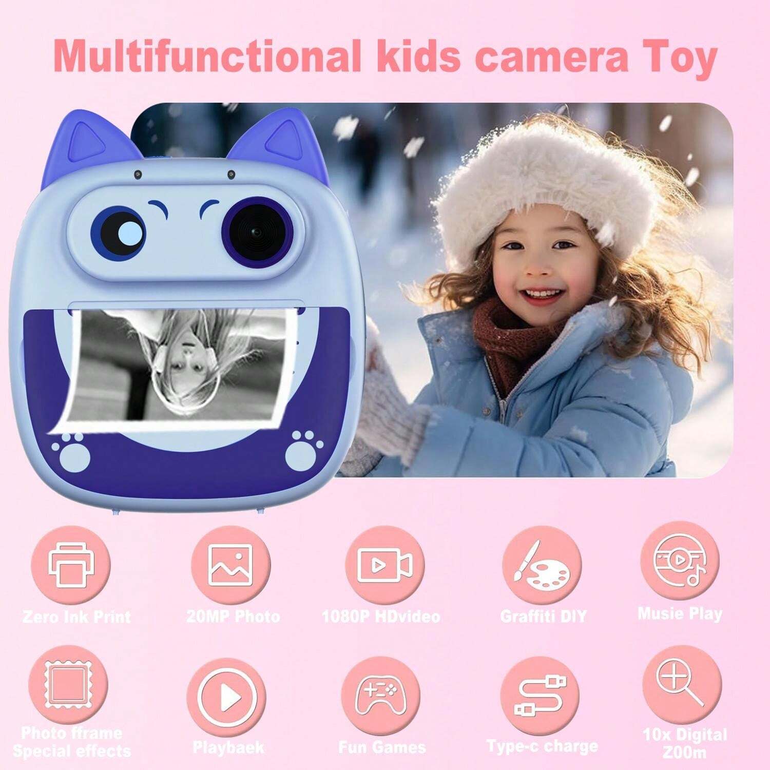 Kids Camera Instant Print, Multifunctional Kids Toy Camera, HD Screen ...