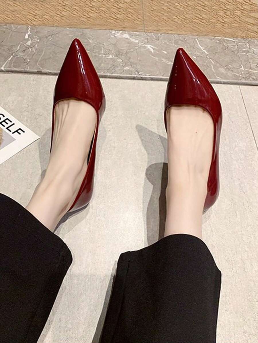 Simple Wine Red Low Heel Pointed Toe Women Work Shoes, French Style ...