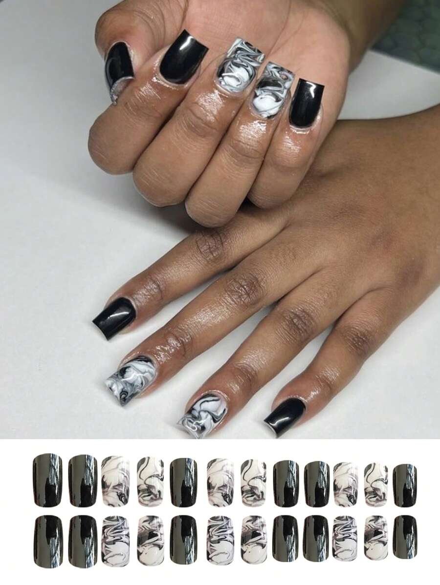 24PCS Medium Square Nails, Creative And Simple Elegant Marble Solid ...