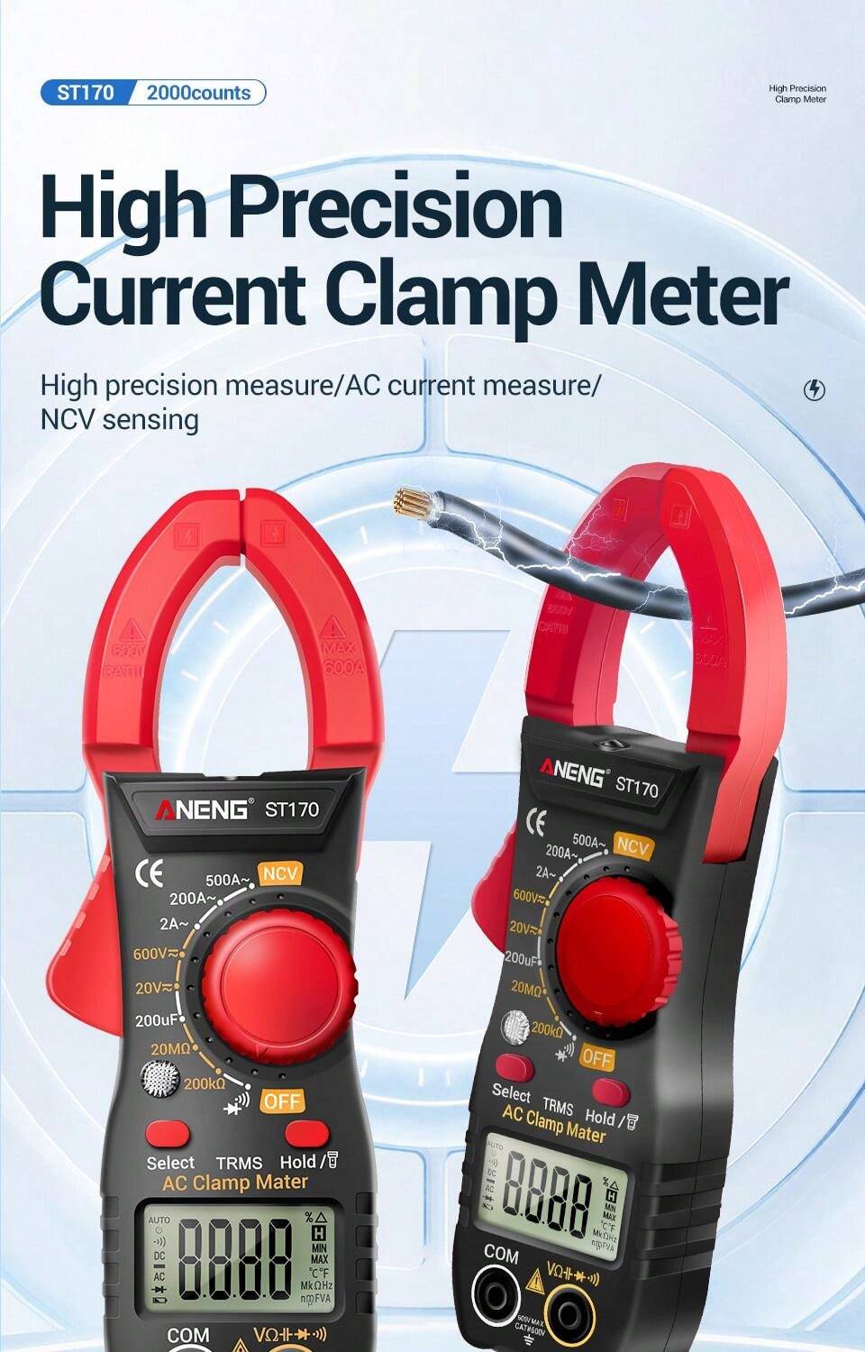 ANENG ST170 Non-Contact Clamp Meter 1999 Counts LED Screen AC Current ...