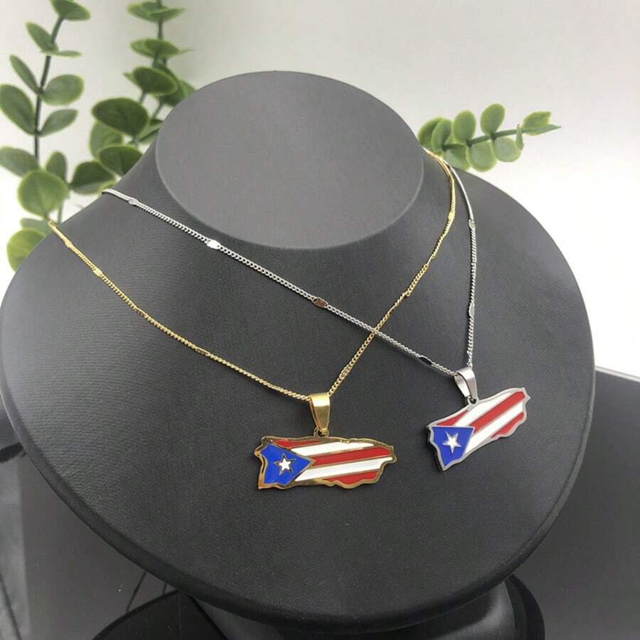 Puerto Rico Map Flag Pendant Necklaces Stainless Steel Gold/Steel Color ...