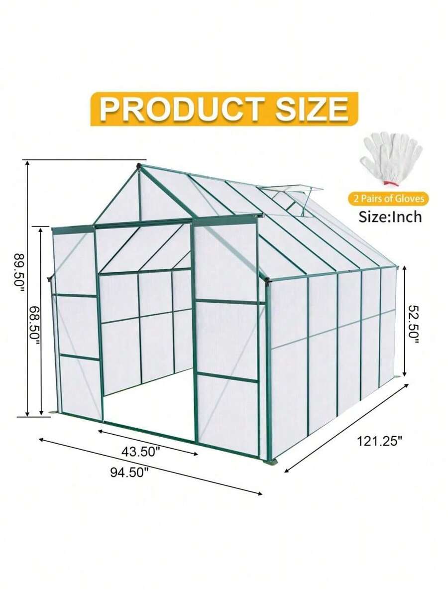 8x10FT Double Door Polycarbonate Greenhouse Raised Base And Anchor Aluminum Heavy Duty Walk-In ...