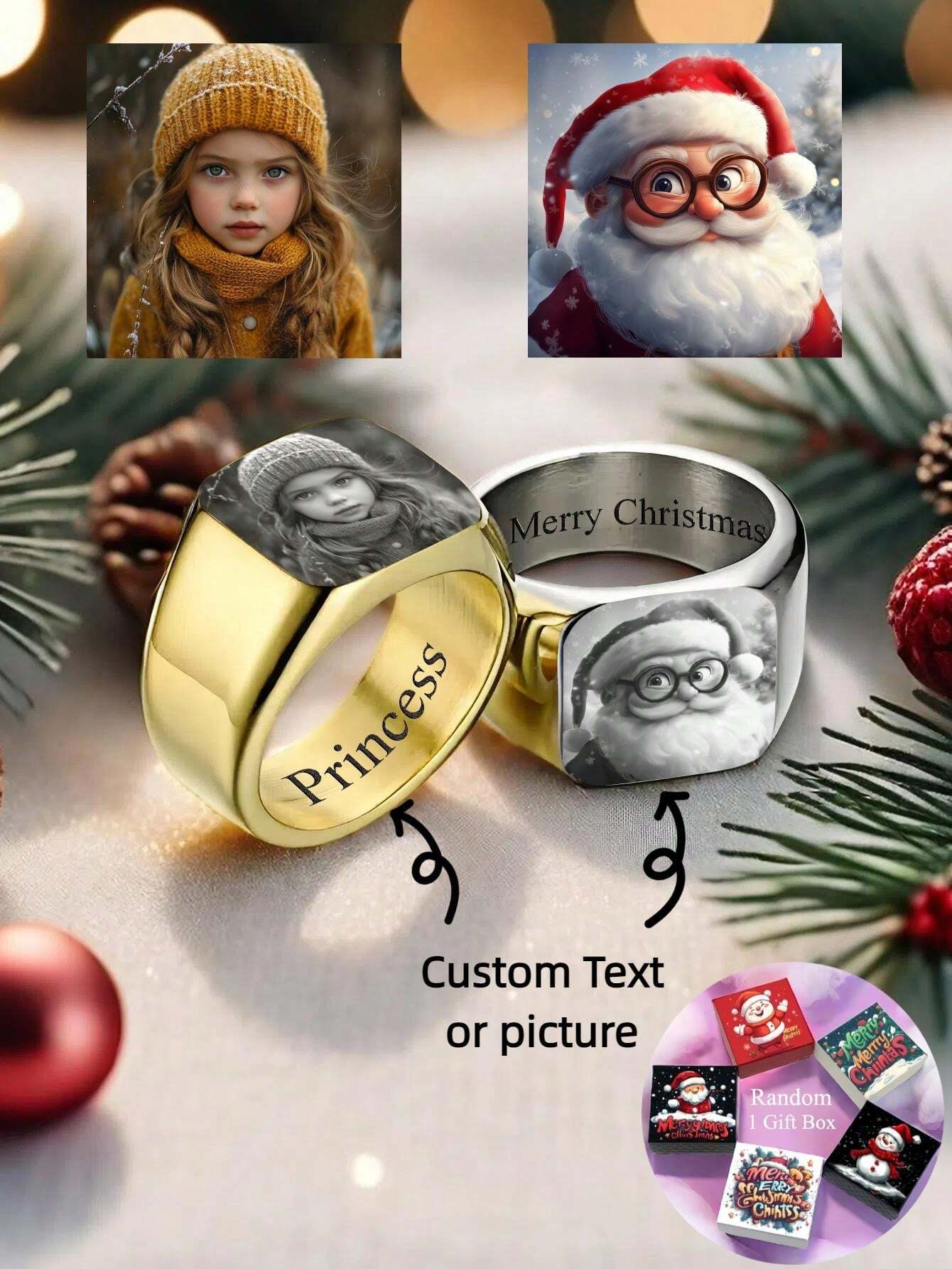 Custom Photo Rings Men's Big Flat Surface Personalized Engraving Text ...