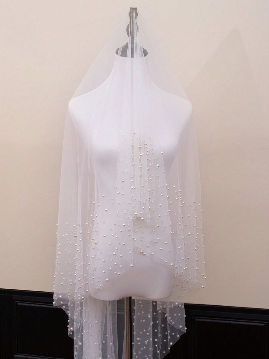 1pc Dense Pearl-Edged Bride Veil, Overseas Wedding Photo Shoot, Studio ...