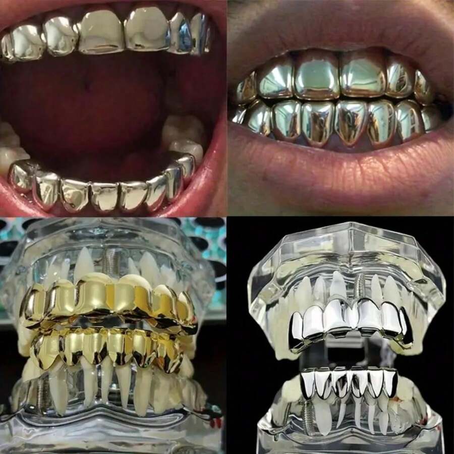 THATBOY 18K Golden Silvery Plated HIP HOP Teeth Grillz Top & Bottom ...