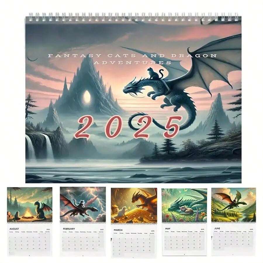 Calendario temático de la aventura del dragón valiente y el gato fantástico 2025, tamaño 14"X23 ...