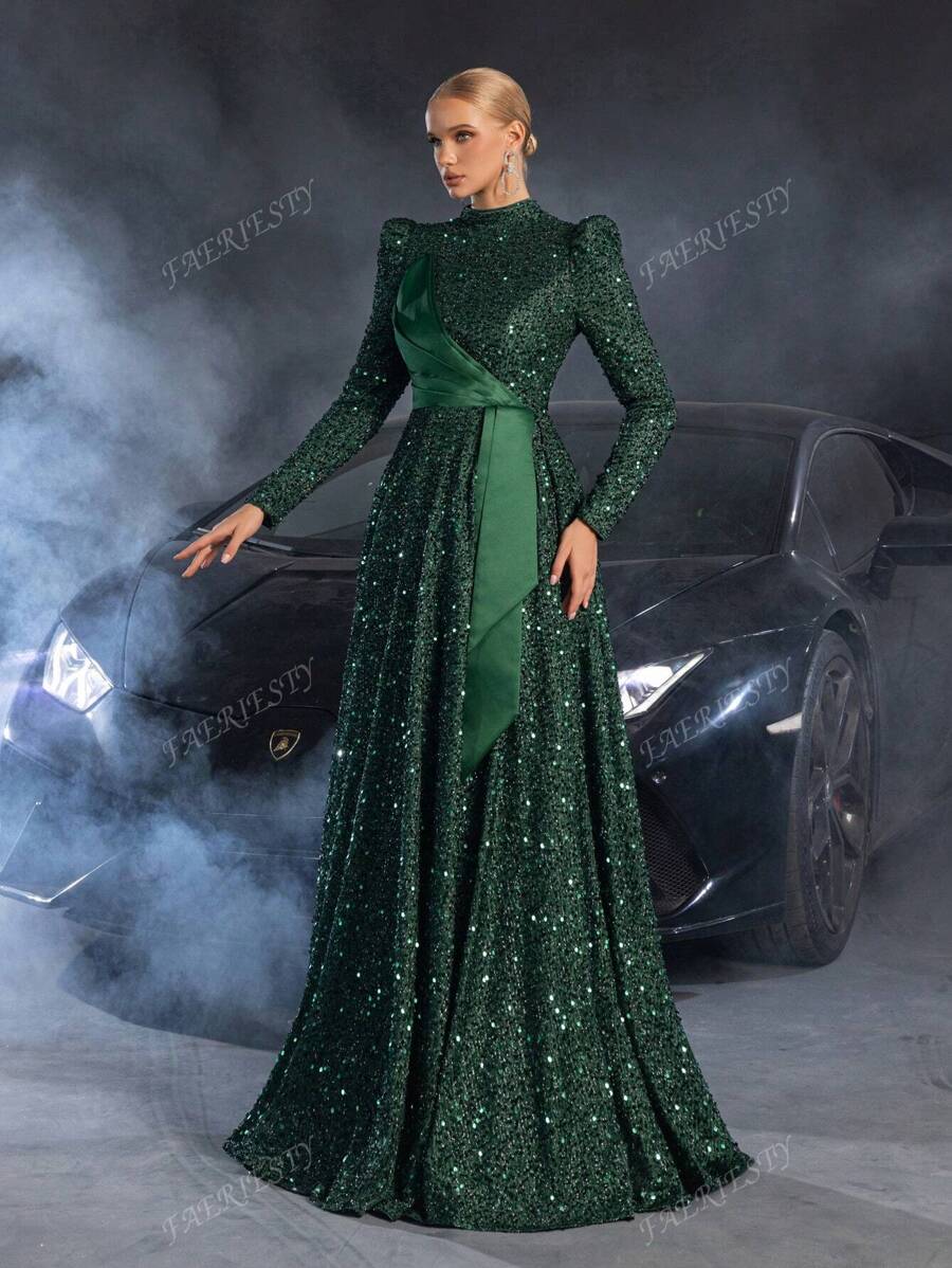 Faeriesty Elegant Mock Neck Contrast Satin Sequin Formal Dress, Long Sleeve Prom Evening Gown ...