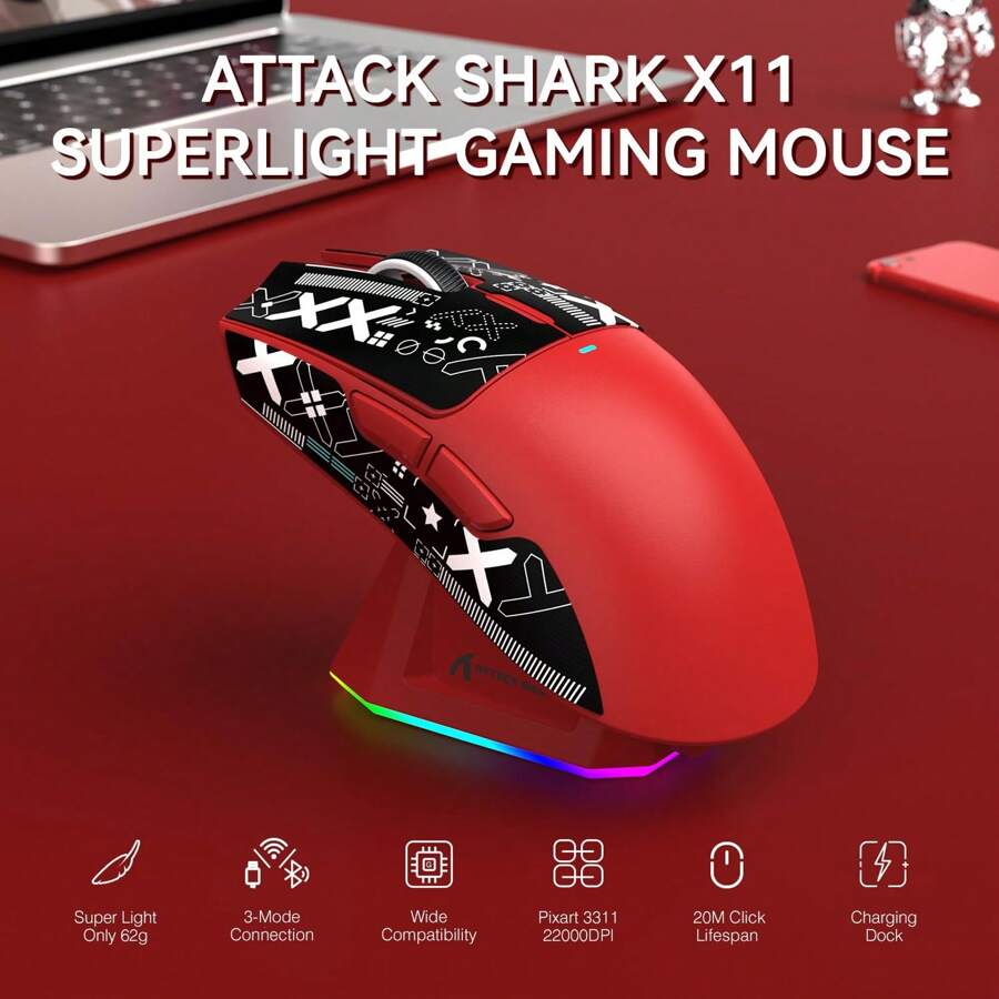 Souris de jeu sans fil super légère 11g avec ruban antidérapant, dock ...