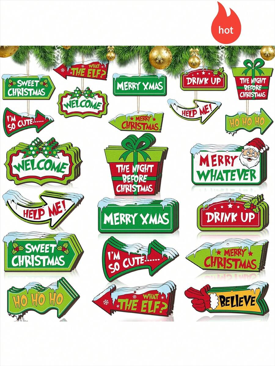 12pcs/24pcs/36pcs Christmas Wooden Decorations, Green & Red Christmas ...