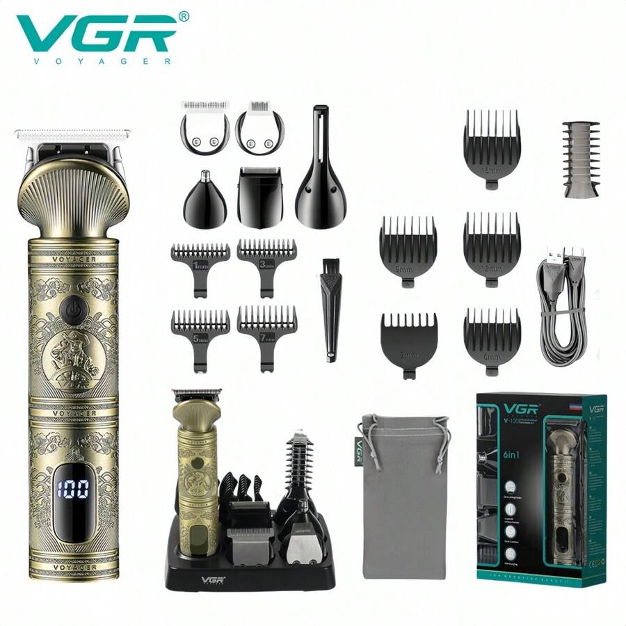 VGR VGR Hair Clipper 6 In 1 Digital Display Vintage Metal Barber Clippers Cordless Rechargeable ...