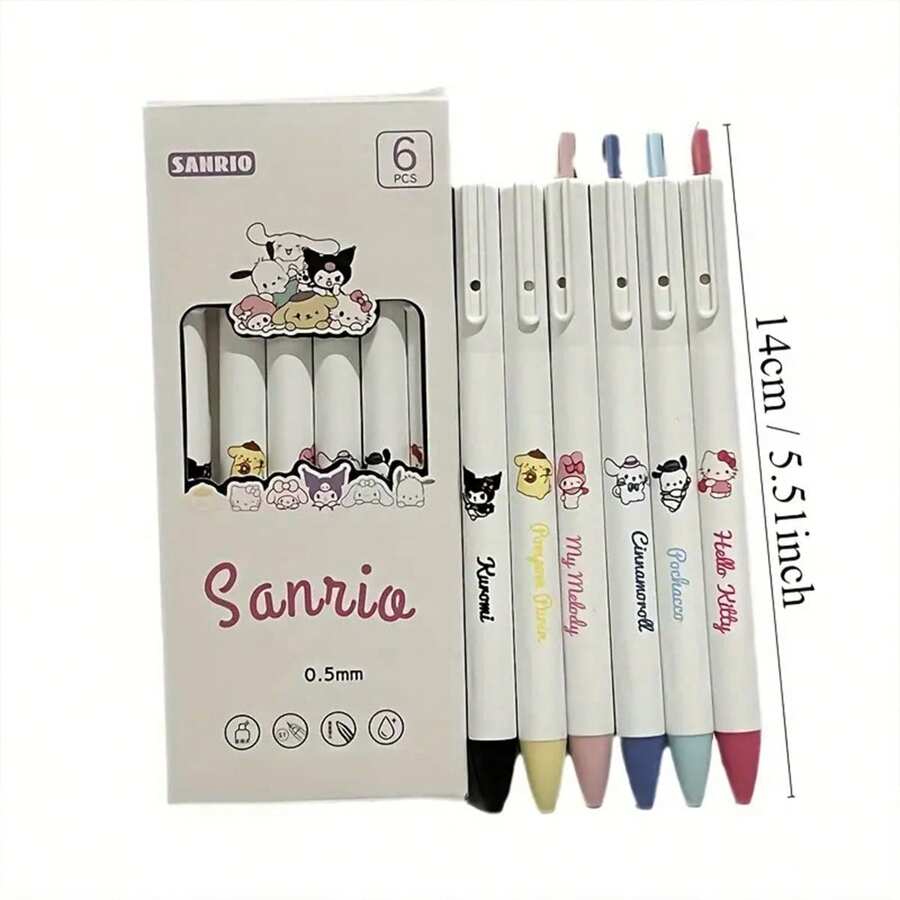 Sanrio 6 pièces/paquet Stylos à gel 0,5 mm avec écriture fluide, encre à séchage rapide et ...