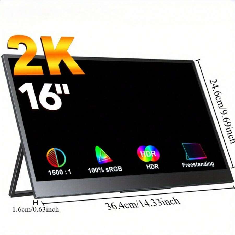 16.0" Portable Monitor 2K Screen USB C 1600P For Raspberry PI 5 4 W ...