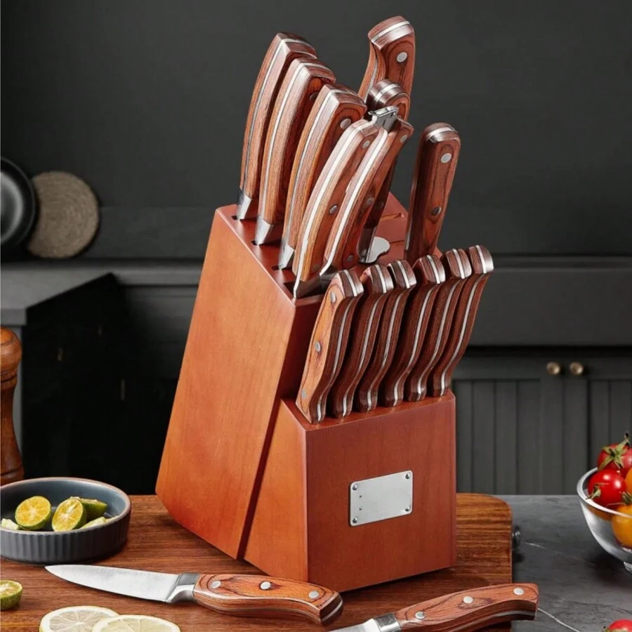 Fohere Knife Set With Block, 16 Pcs Stainless Steel Kitchen Knife Set ...