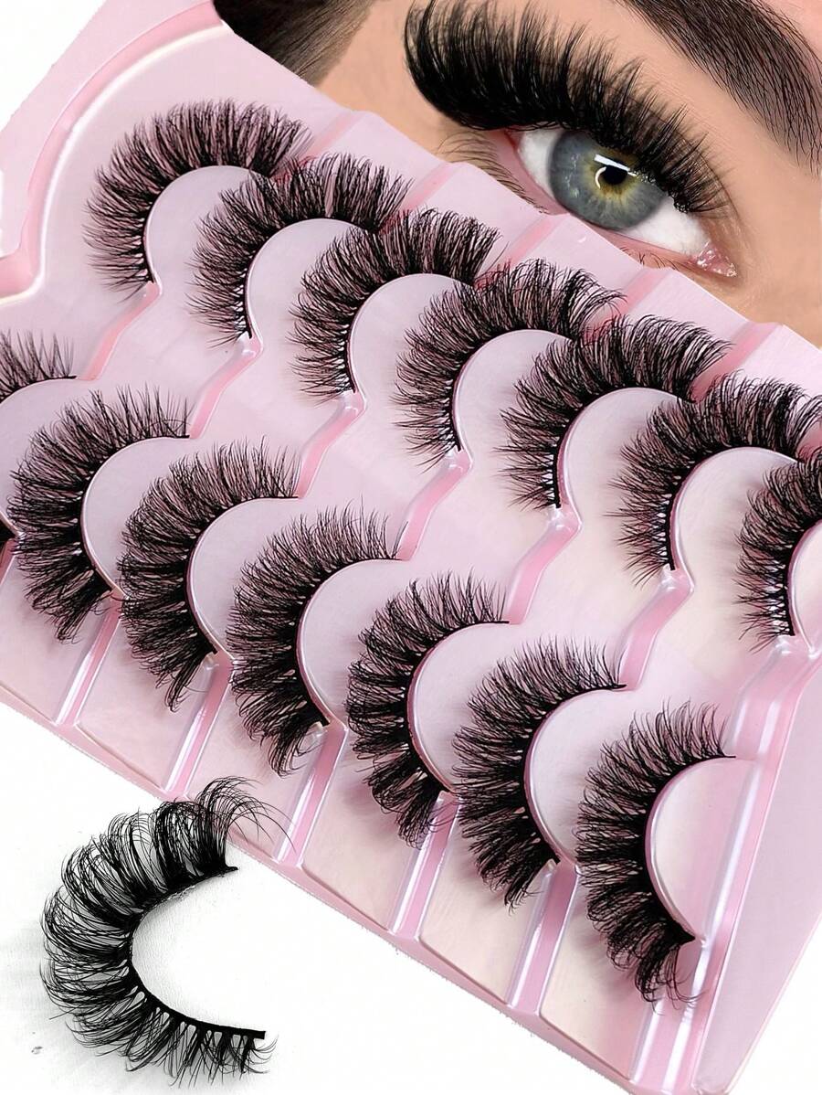 7 Pairs Pack Fluffy Volume False Eyelashes Mink Lashes Cat-Eye Look Wispy Long 8D Volume Fake ...