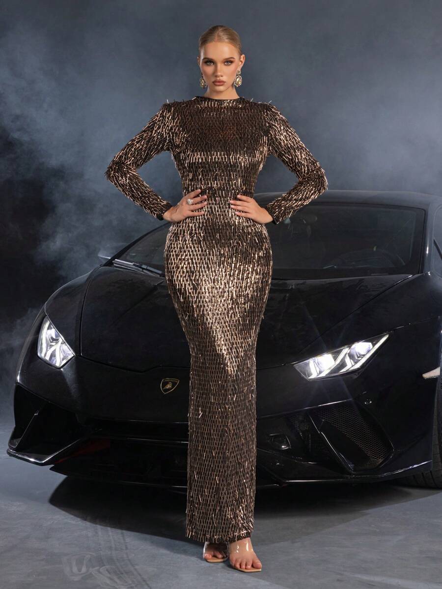 Faeriesty Elegant Beaded Sequin Split Formal Party Dress, Long Sleeve ...