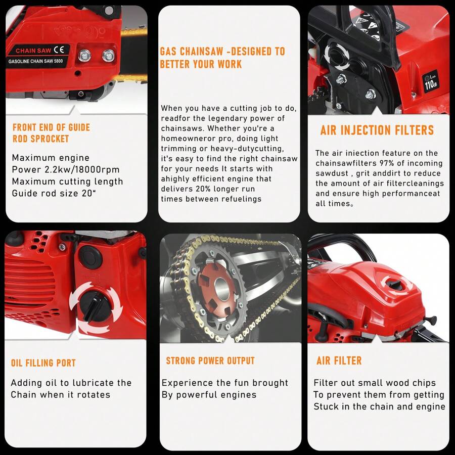 20 Inch Gas Chainsaw, 58CC 2-Stroke Gas Powered Chainsaw, Handheld ...