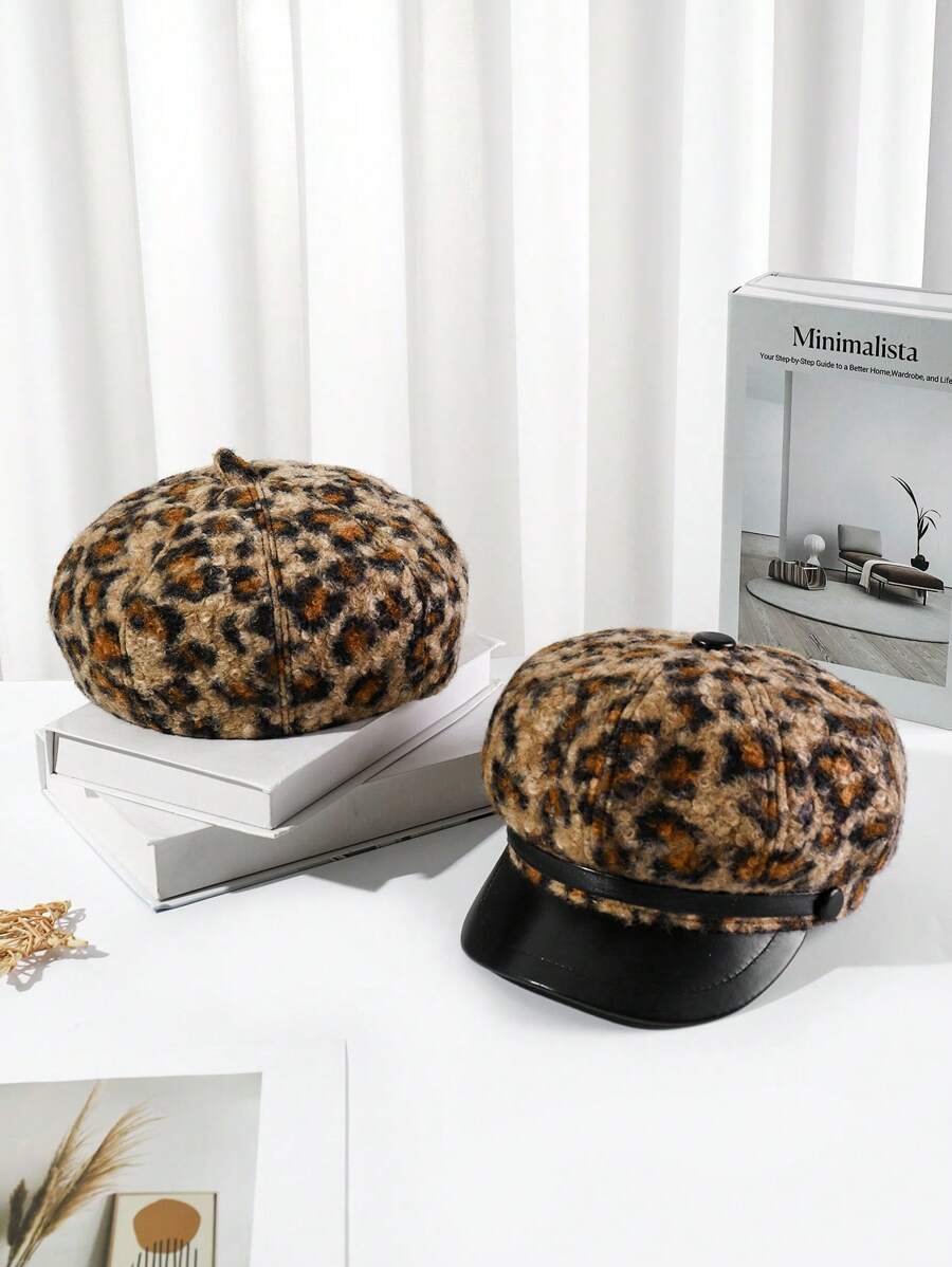 1 Set Vintage Leopard Print Cap For Women, Autumn/Winter Korean Style ...