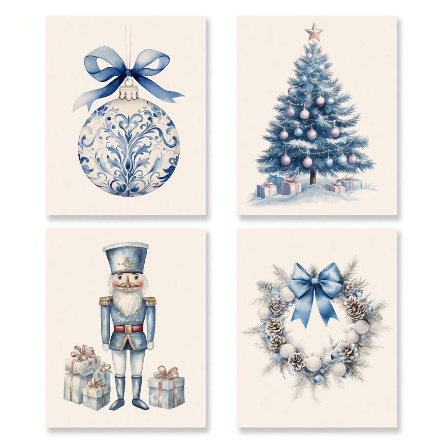 Blue Wall Art Decor Set Of 4 - Trendy Winter Holiday Artwork Poster ...