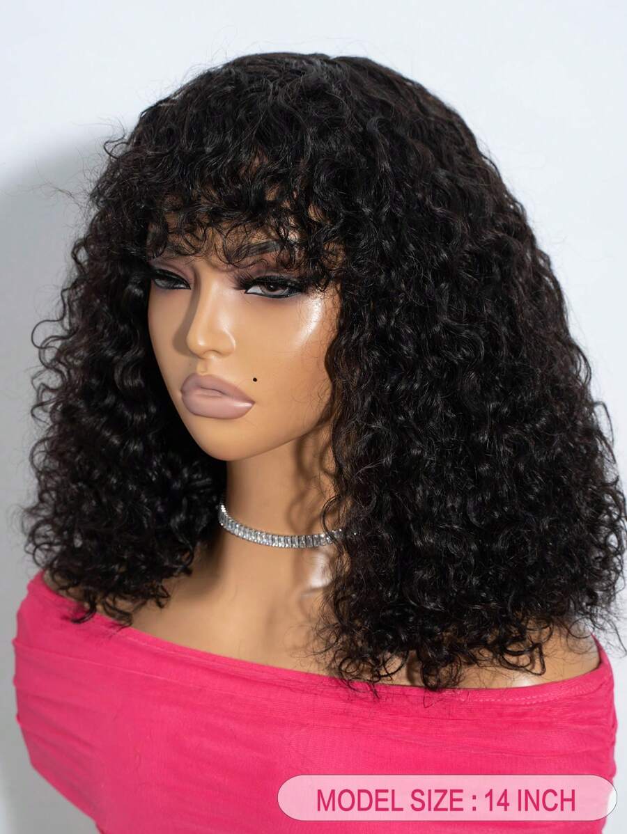 Pelucas con ondas de pelo humano con flequillo, estilo bob rizado, sin encaje, sin pegamento ...