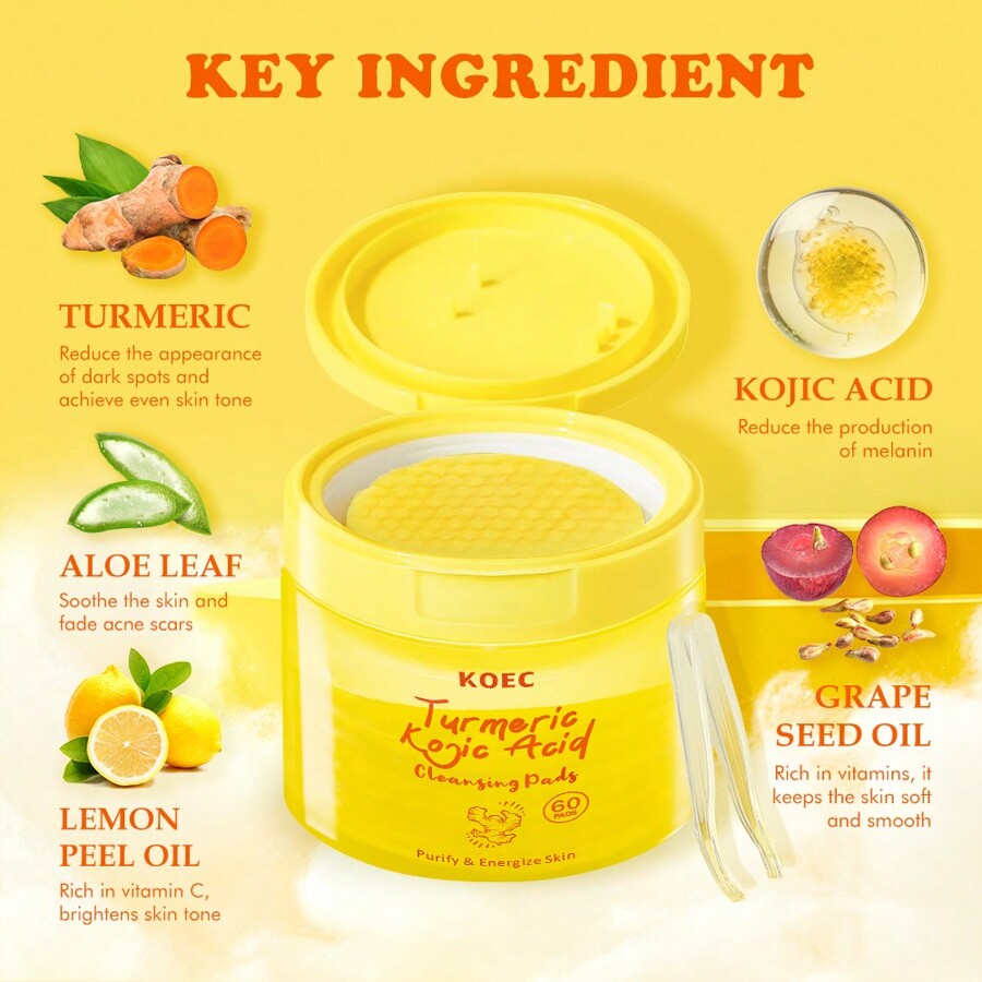KOEC Kojic Acid Turmeric Cleansing Pads 60 PCS, Helps Balance Skin Oil, Infused Foaming ...