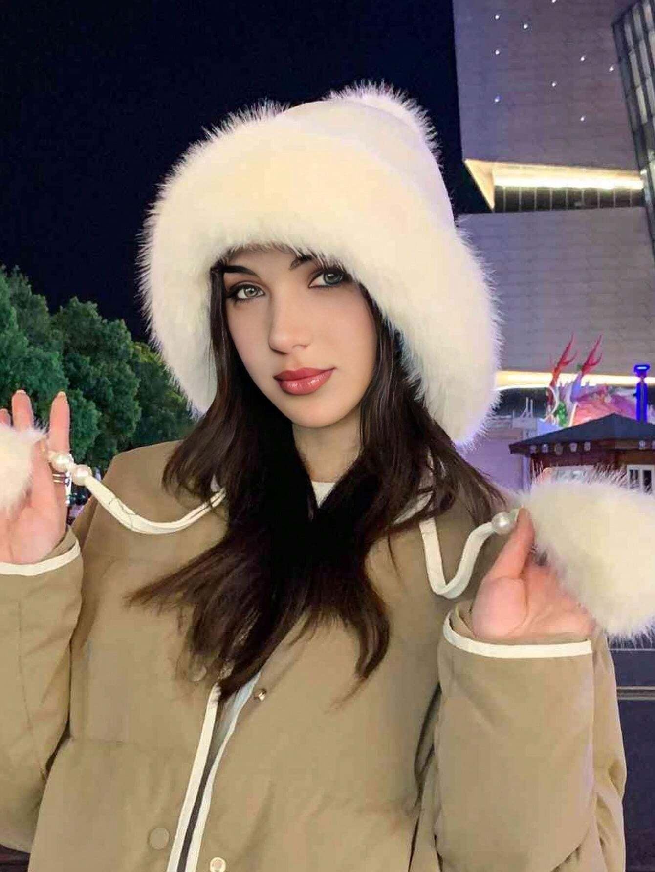 1pc Women's Solid Color Tassel Long Plush Ball Trapper Hat, Warm ...