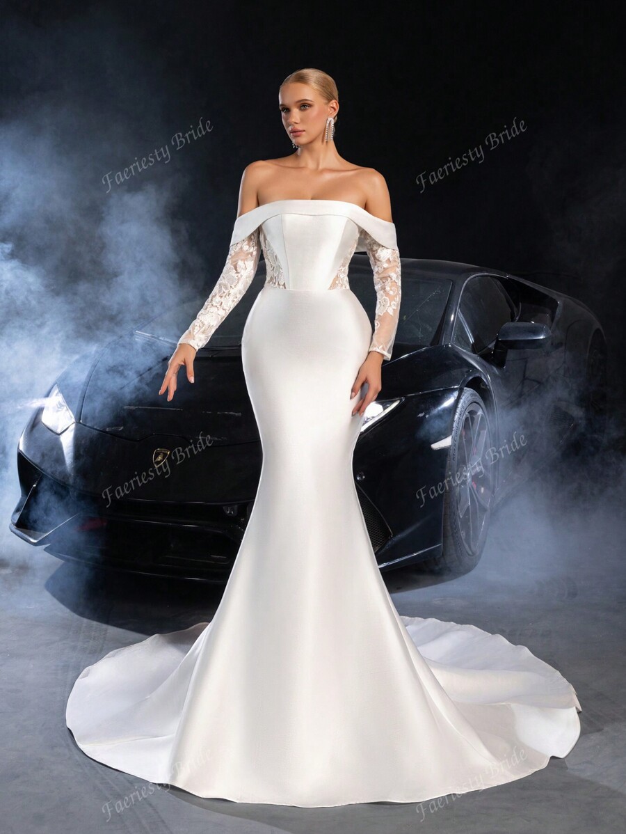 Faeriesty Elegant Off Shoulder Contrast Lace Mermaid Hem Satin Wedding Dress,Wedding Event Dress ...
