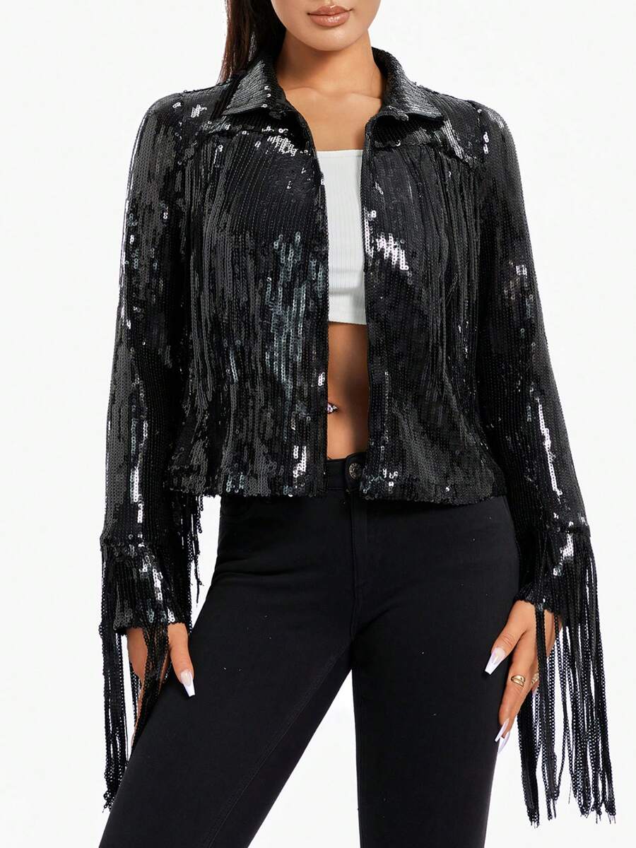 Women's Sequin Jacket Coat Sparkly Long Sleeve Tassel Blazer Fringe ...