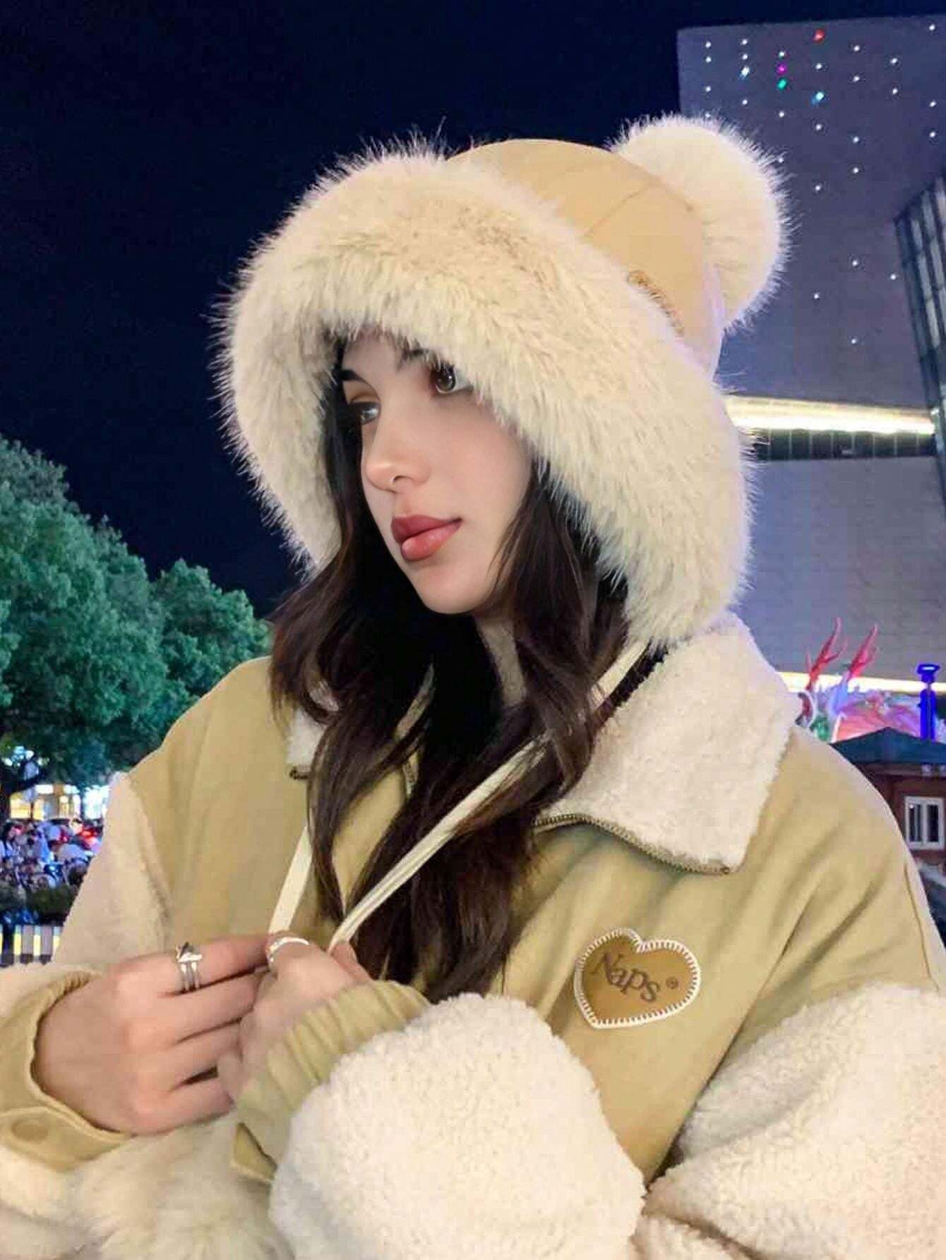 1pc Women's Solid Color Tassel Long Plush Ball Trapper Hat, Warm ...