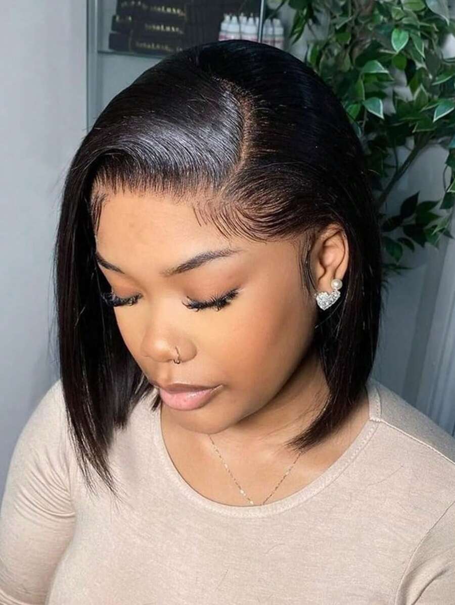 Perruque de cheveux droits au carré avec densité de 200%, front avec dentelle transparente 13X4 ...