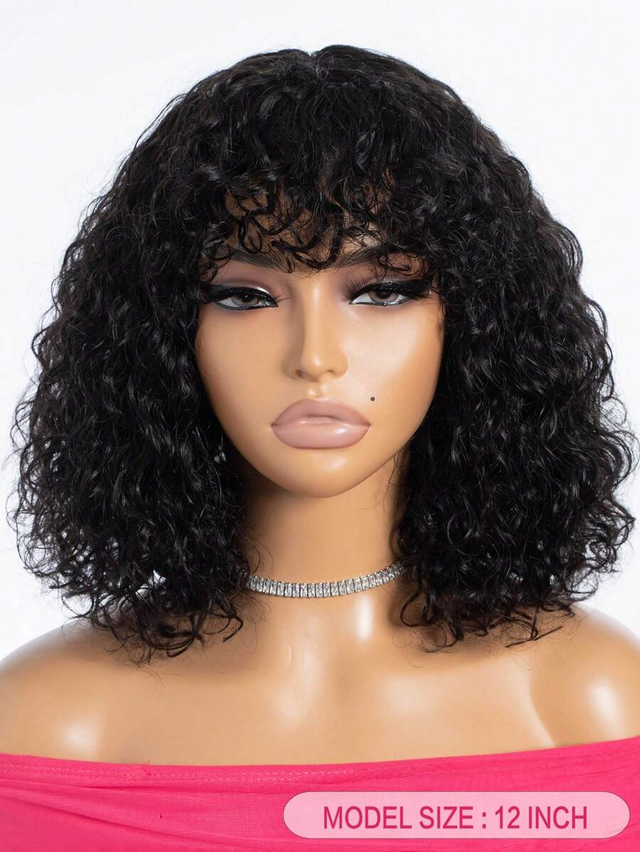 Human Hair Curly Bob Wigs With Bangs Water Wave Remy Human Hair Wig Non Lace Machine Made ...