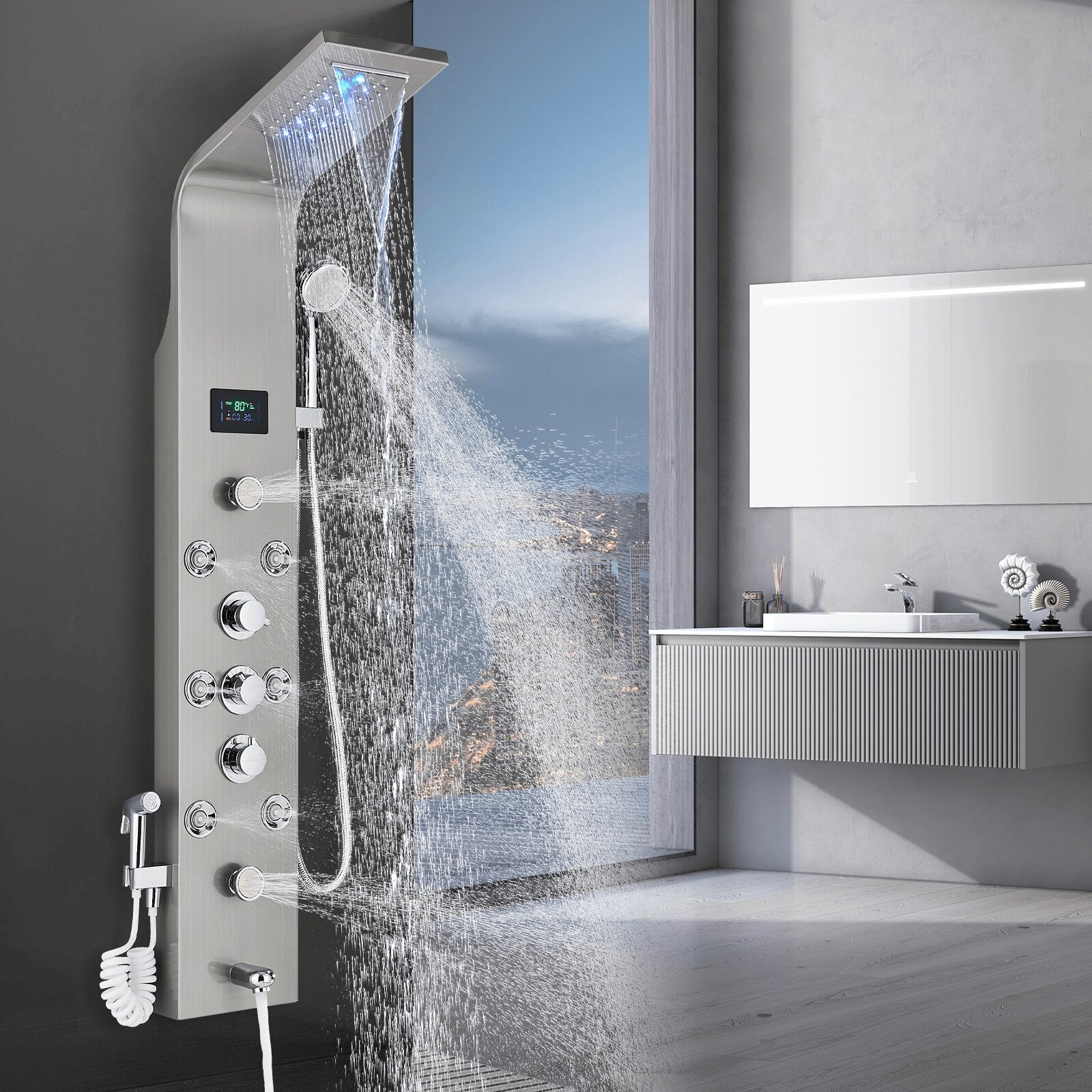 Shower Panel Tower System,7-Function Shower Wall Panel, LED Rain ...