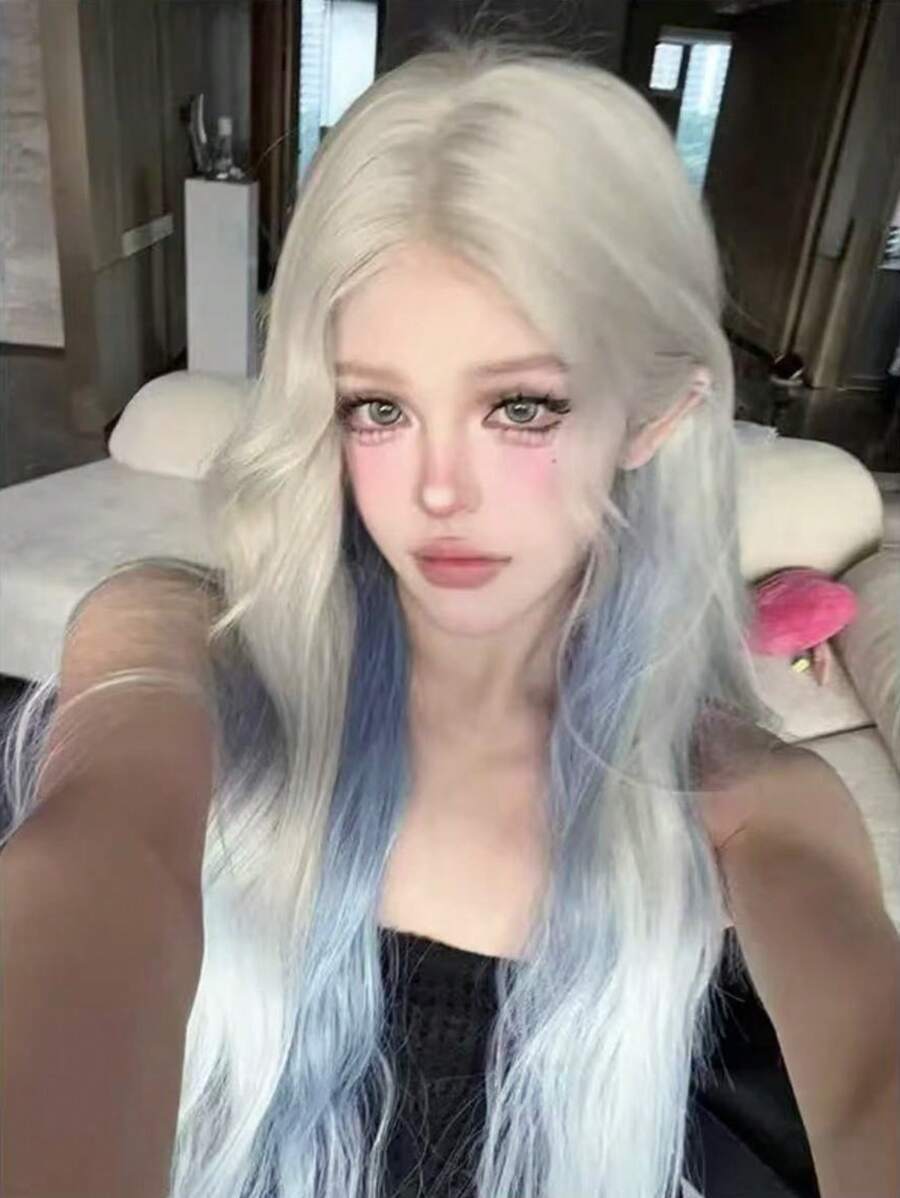 [Tears Of Mermaid] Female Wig Blue And White Dyed Long Curly Hair ...