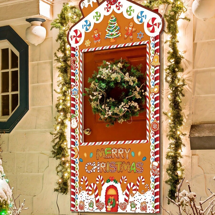 Christmas Door Cover Decorations Gingerbread Door Banner Merry ...