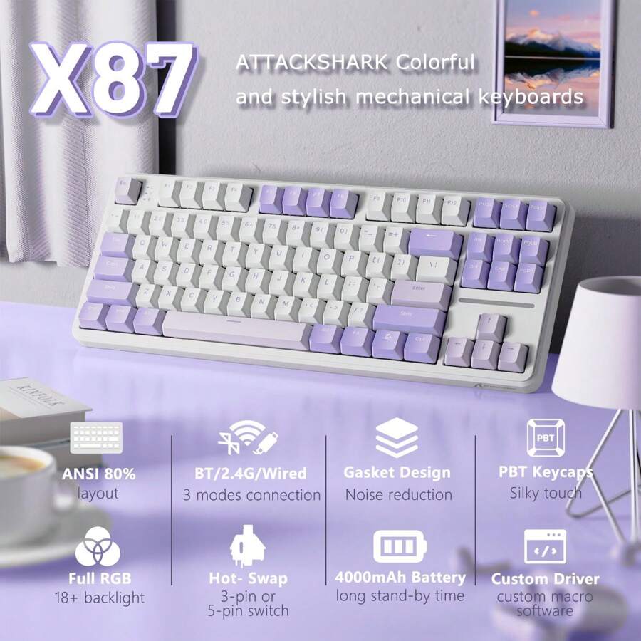 ATTACK SHARK X87 80% Wireless Mechanical Keyboard,BT5.0/2.4G/USB-C Hot ...