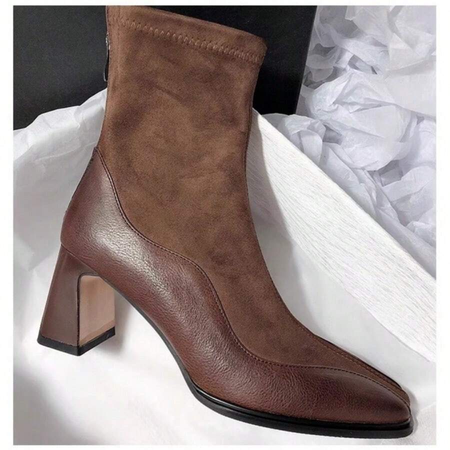 2024 Autumn & Winter New Thick Heel Square Toe Splice Elastic Skinny ...