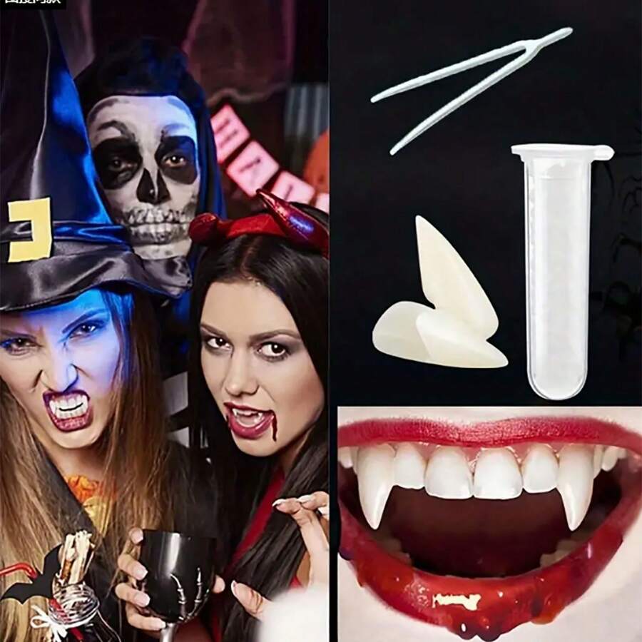 2 ชิ้น ฟันปลอมแวมไพร์ซอมบี้สำหรับงานแฟนซี ฟันปลอมอุปกรณ์ประกอบชุด ...