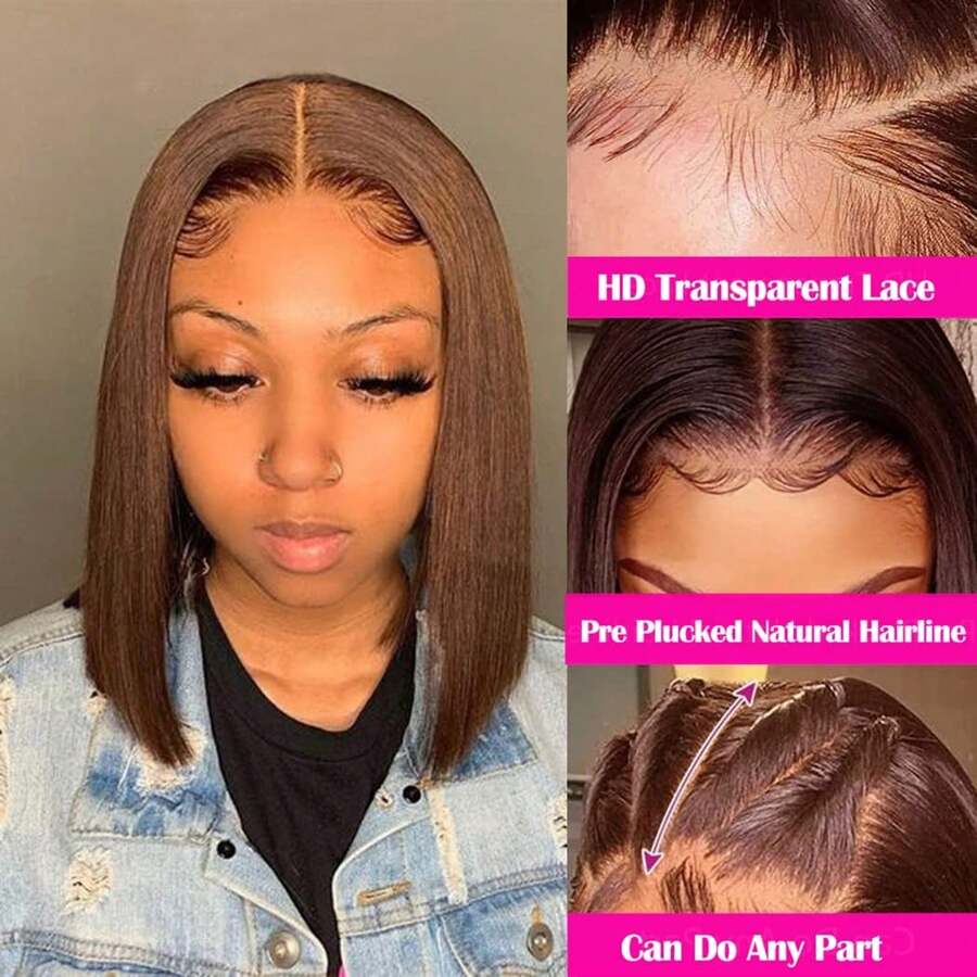 12 Inch Light Brown Bob Wig Human Hair 200 Density Glueless Brown Bob ...