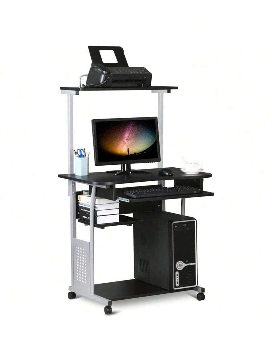 3 Tiers Mobile Computer Desk With Printer Shelf & Keyboard Tray Rolling ...