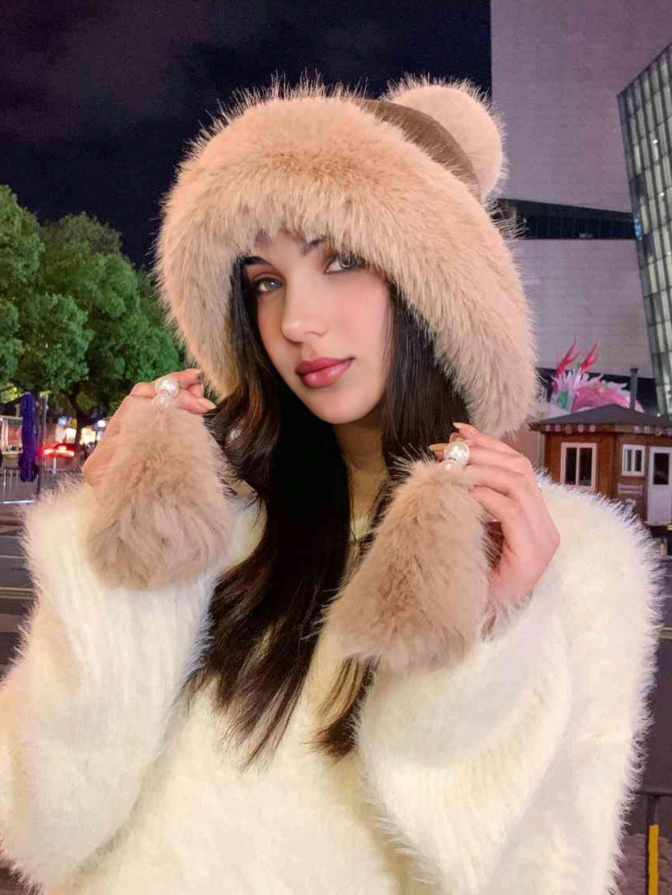 1pc Women's Solid Color Tassel Long Plush Ball Trapper Hat, Warm ...