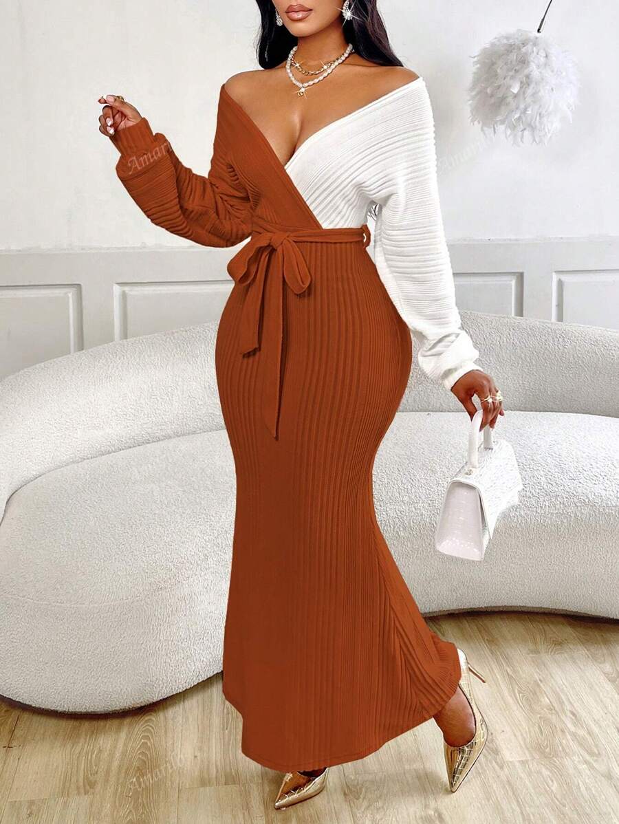 Amarilo Women's Elegant Lady Two Tone Batwing Sleeve Wrap Belted Bodycon Mermaid Dress | SHEIN USA