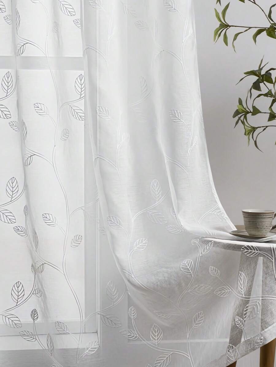 2pcs White Sakura Flower Leaf Embroidered Sheer Curtain Panels With ...