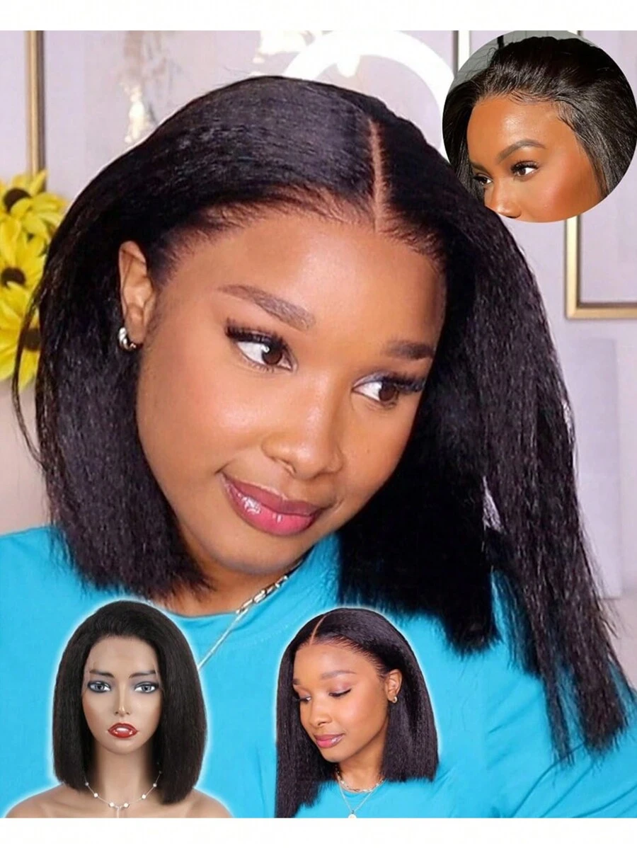 Natural Black Color 13X4 Sheer Lace Forehead Bob Wig 200% Density Gel-Free Human Hair Wig ...