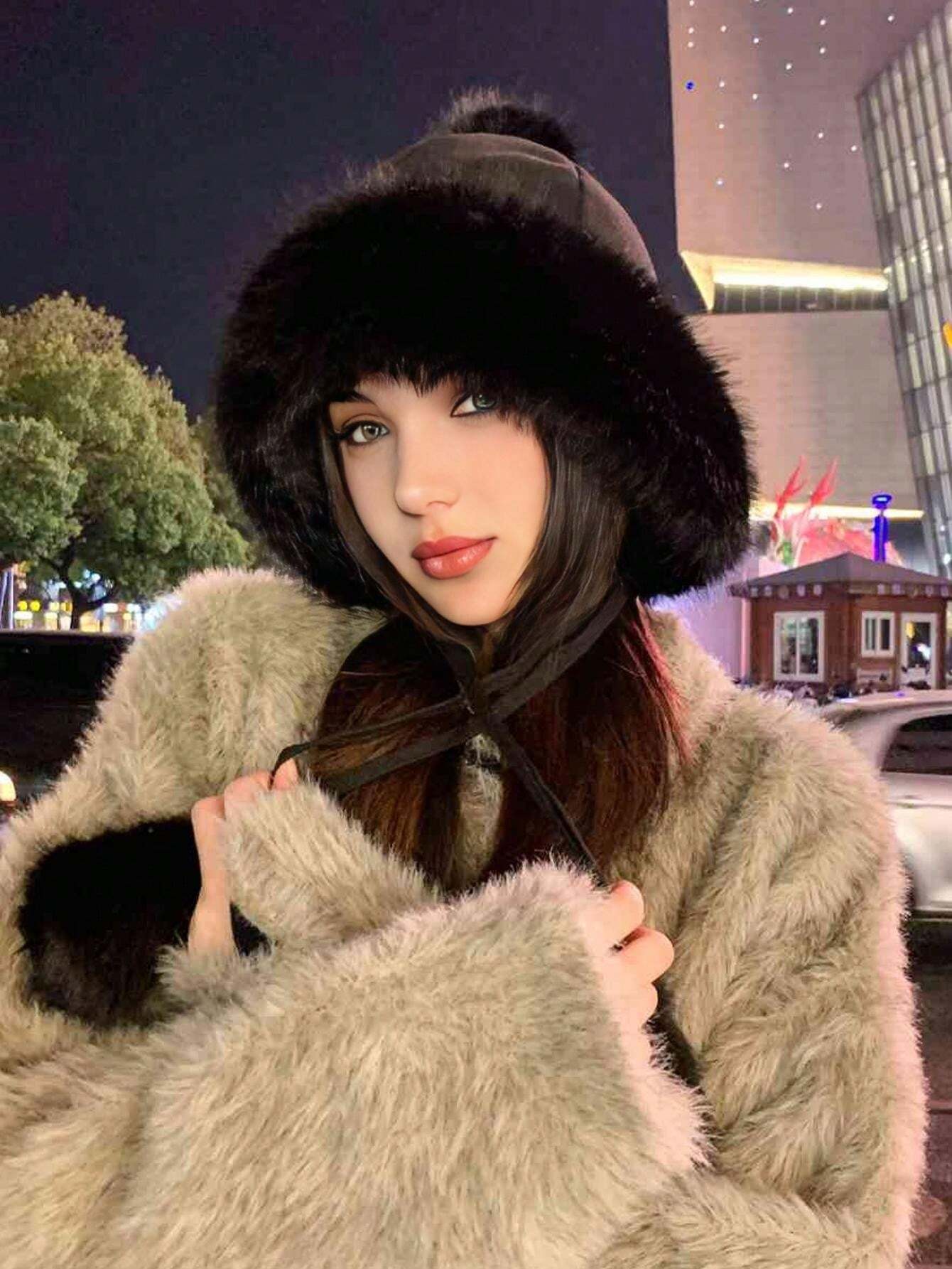 1pc Women's Solid Color Tassel Long Plush Ball Trapper Hat, Warm ...