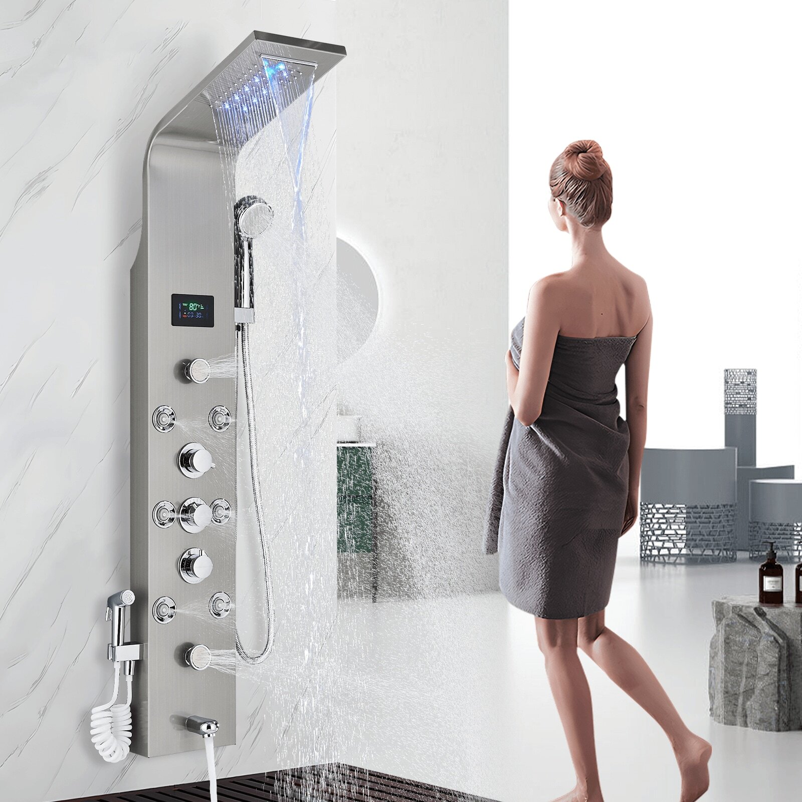 Shower Panel Tower System,7-Function Shower Wall Panel, LED Rain ...