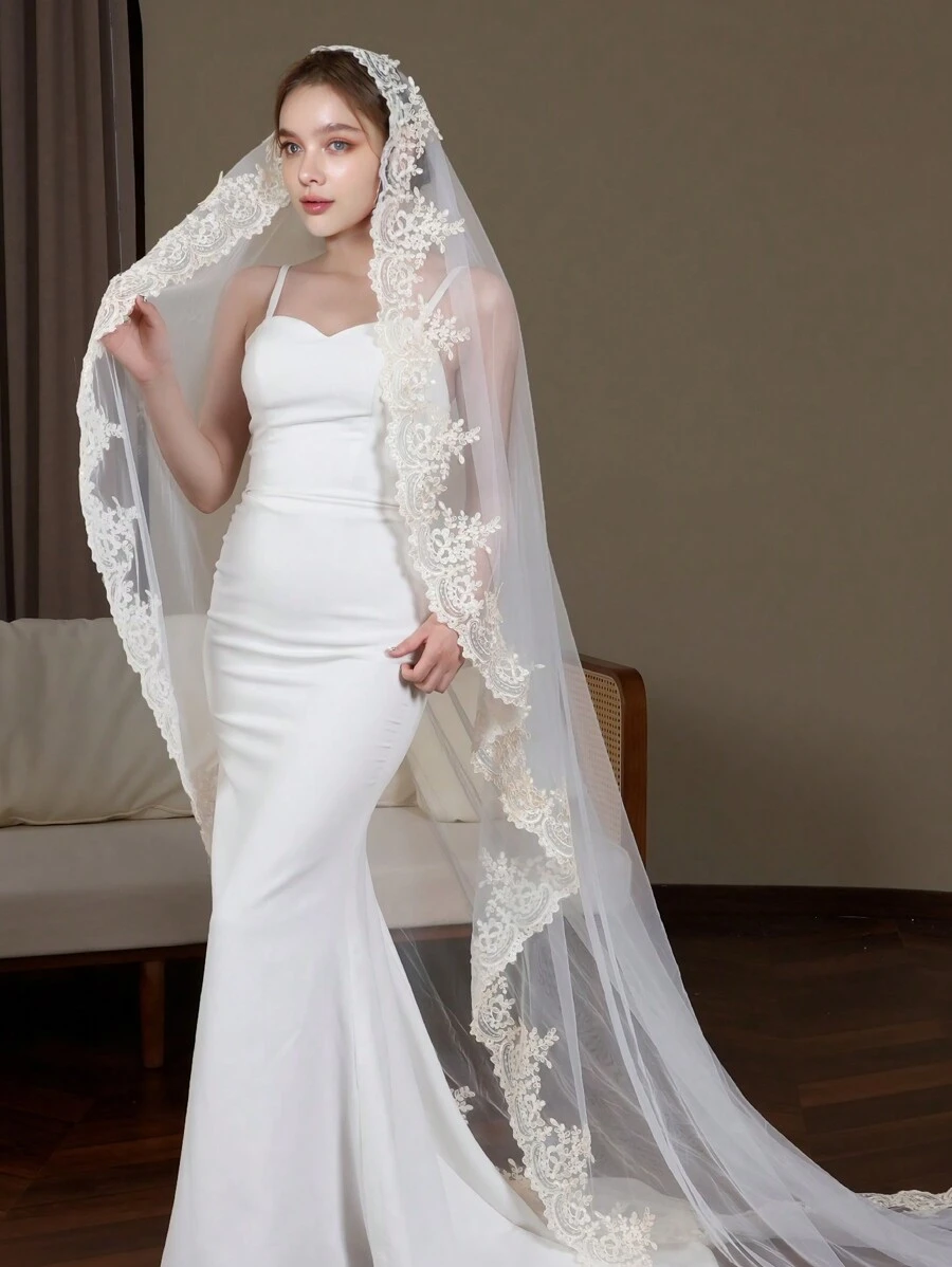 1pc Luxury Lace Edge Cathedral Length Bridal Veil With Train, European ...