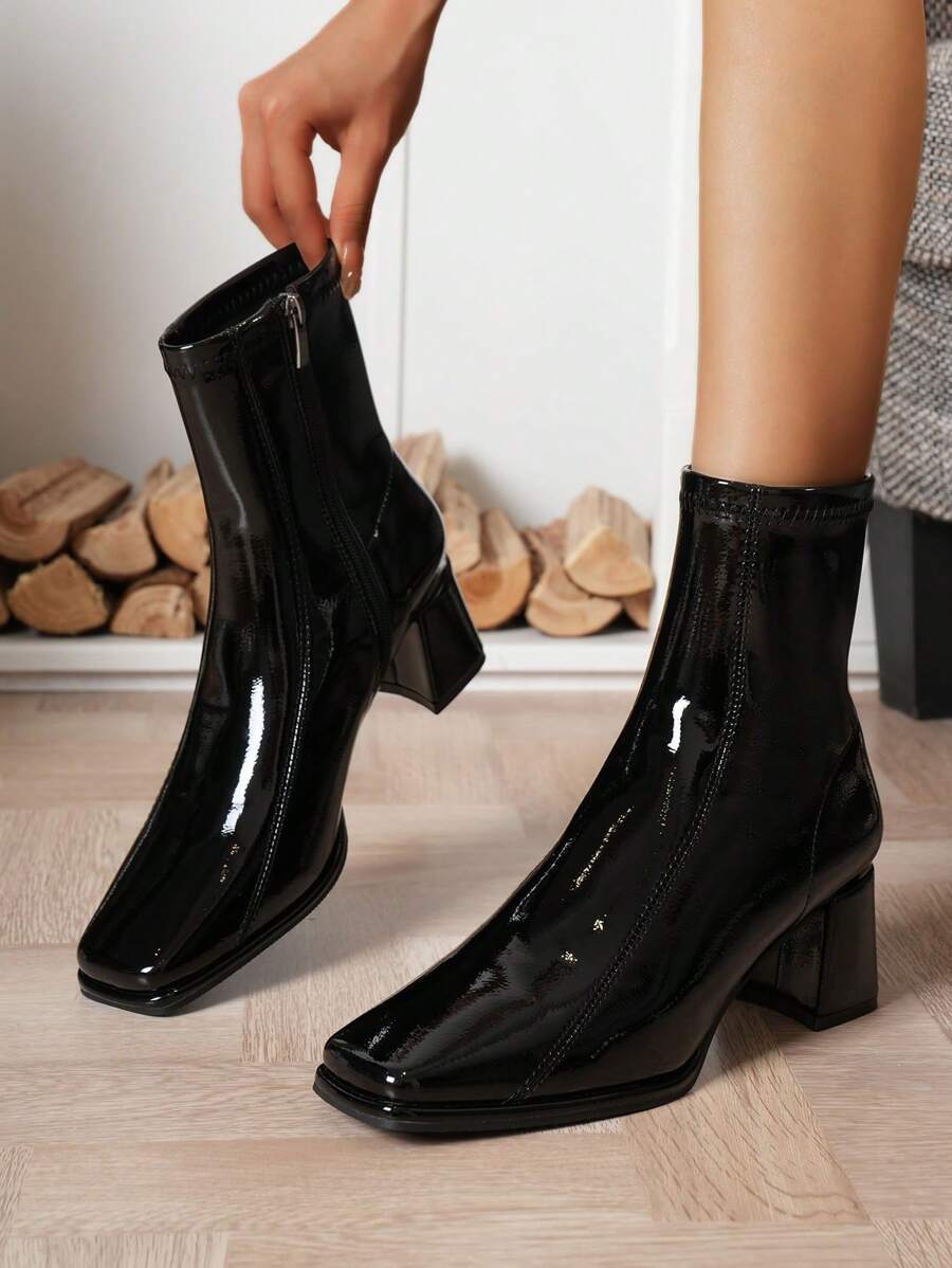 Women's Fashion Simple Square Toe Mid-Calf Boots, Coffee Brown Chunky ...